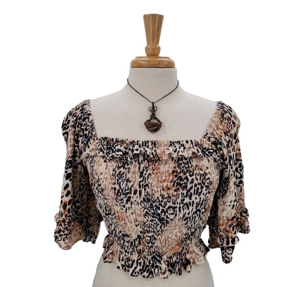 Angie | Tops | Angie Womens Animal Print Crop Top Size L Smocked Short ...